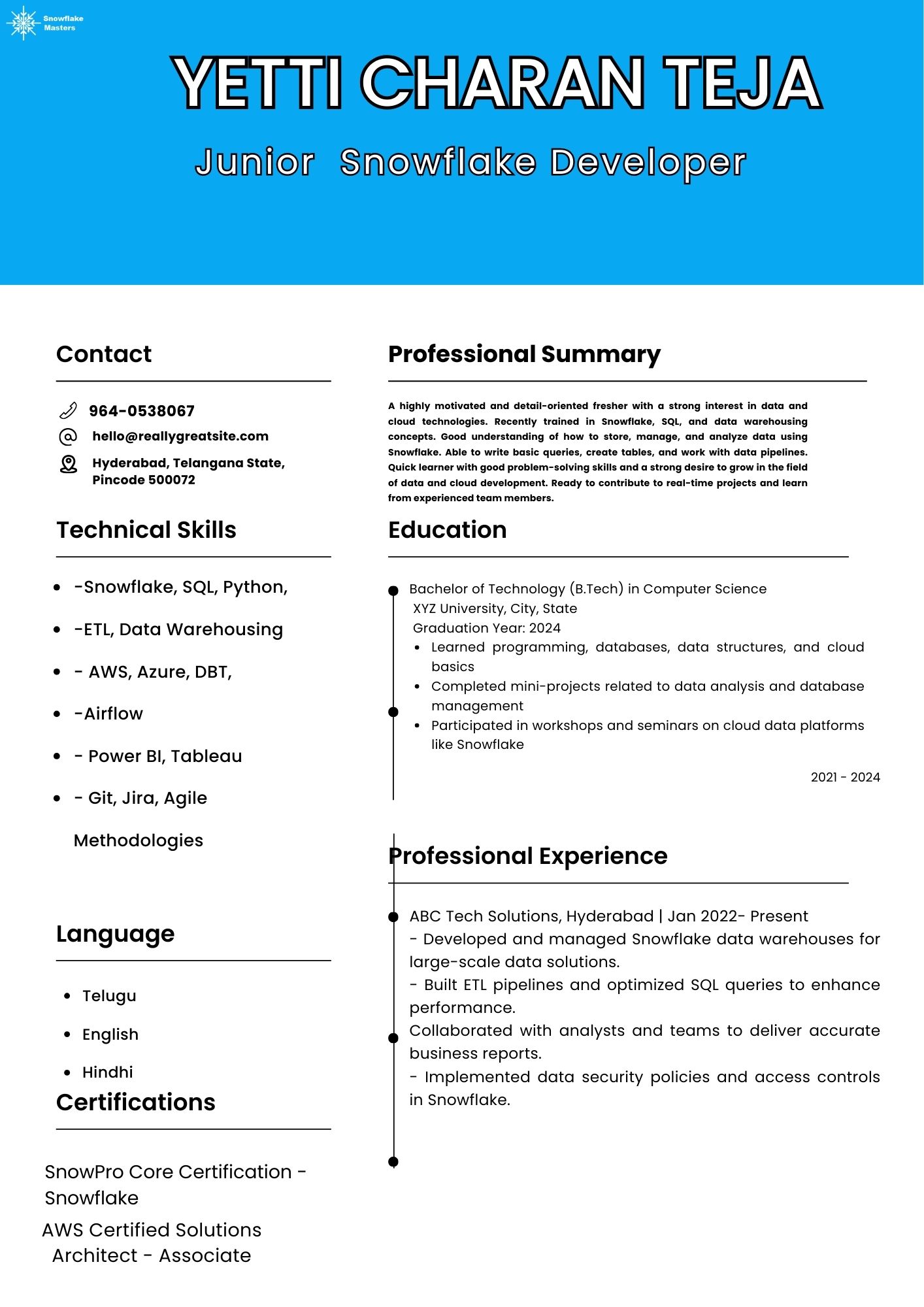 Top10 Snowflake Developer Resume Examples & Guide for 2025